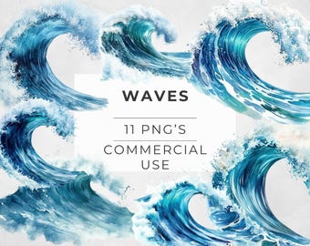 Blue Watercolor Waves Clipart- Hand Painted Waves- Ocean Clipart- Sea ...