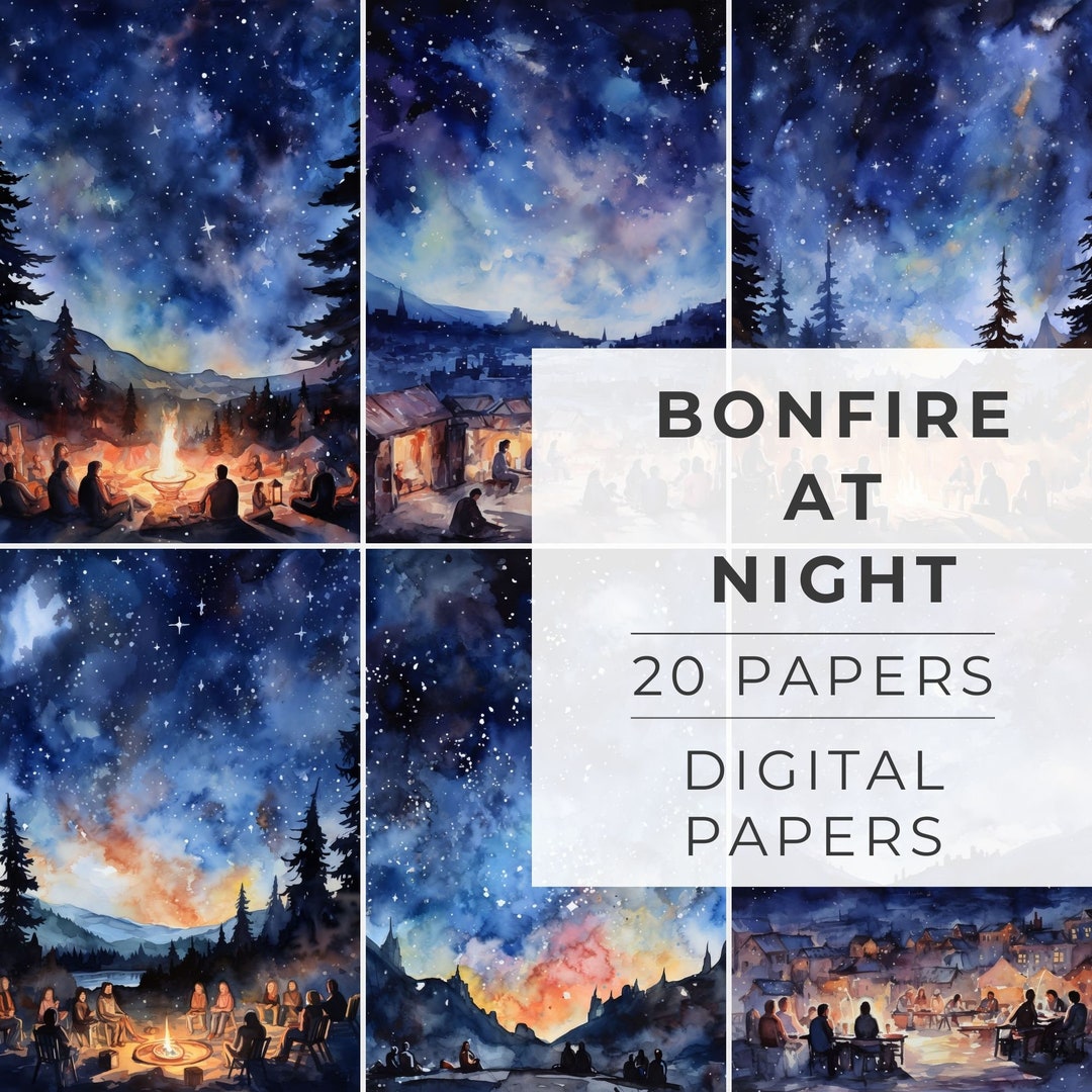 Bonfire at Night Digital Paper, Evening Sky, Stars, Fire, Backgrounds ...