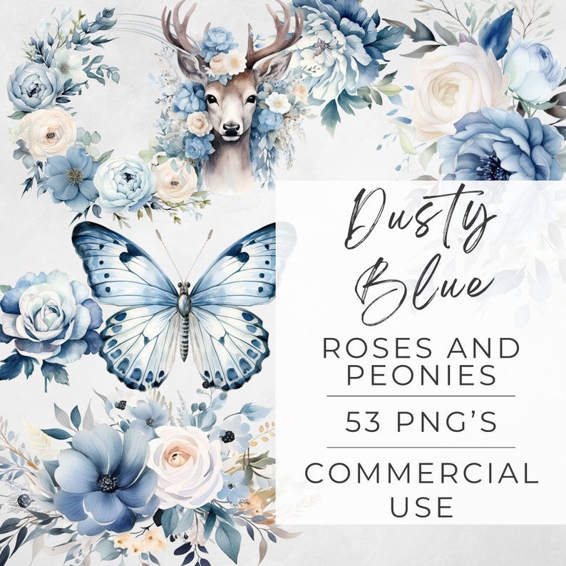 Dusty Blue Roses and Peonies, White Floral Clipart, Watercolor Flowers ...