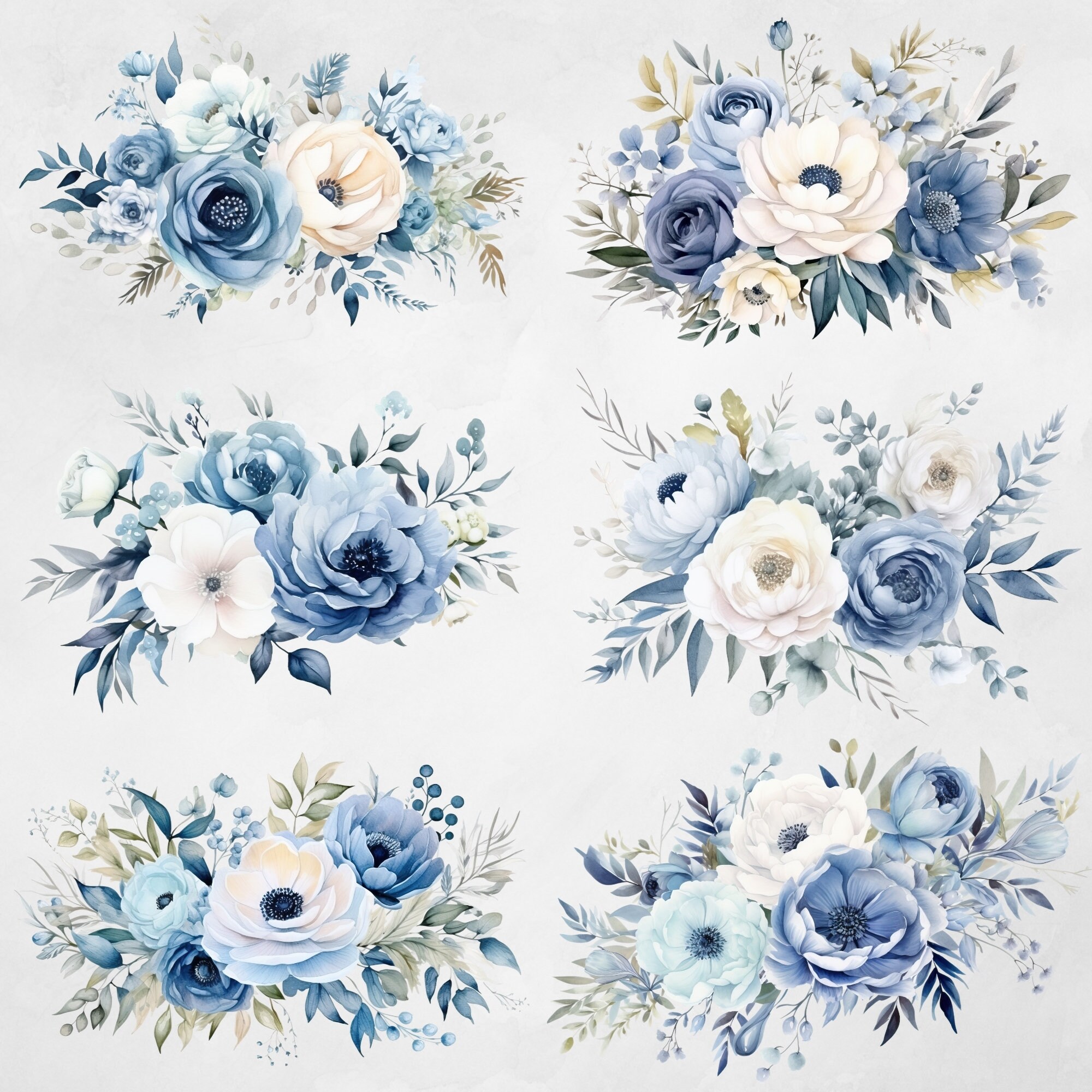 Dusty Blue Roses and Peonies, White Floral Clipart, Watercolor Flowers ...