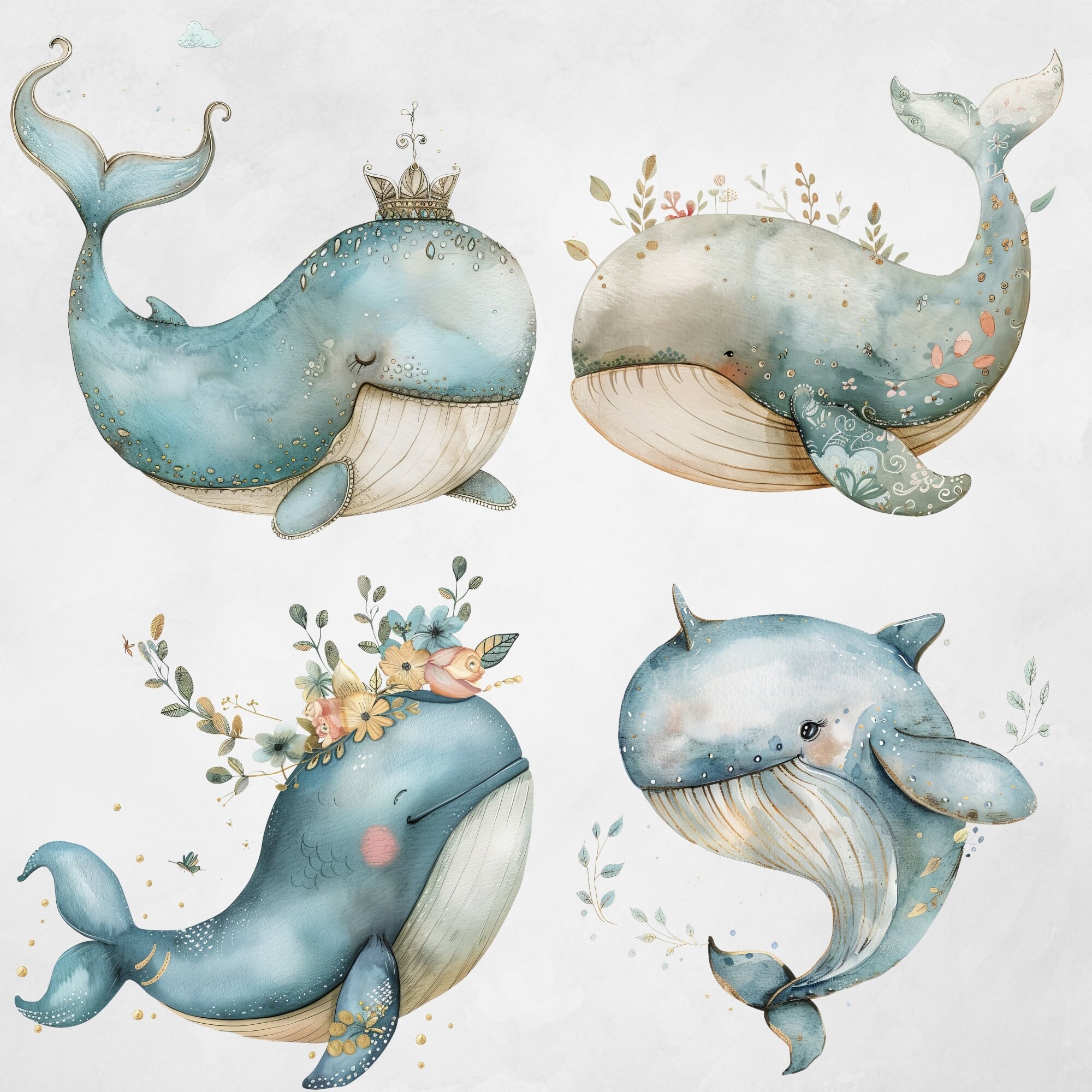 Watercolor Clipart Whale, Whimsical and Cute, Ocean Animals, Quirky ...