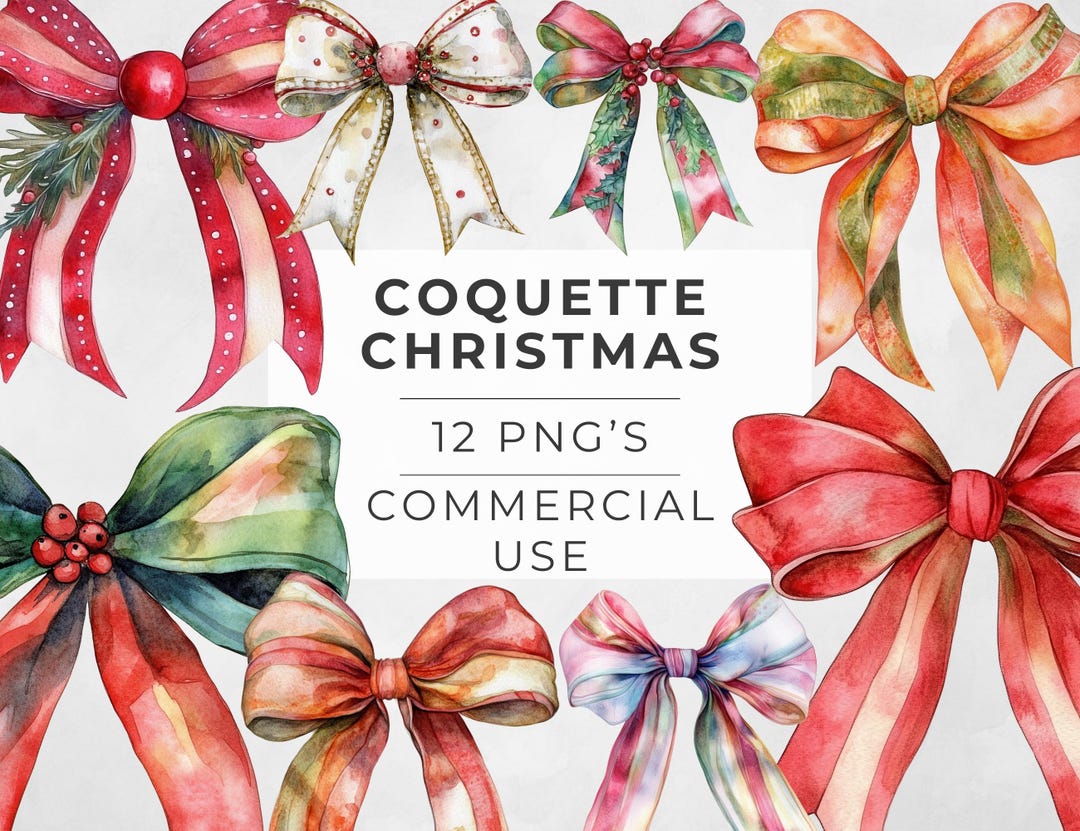 Coquette Christmas Clipart, Watercolor Bow, Ribbon, Retro Xmas, Red ...