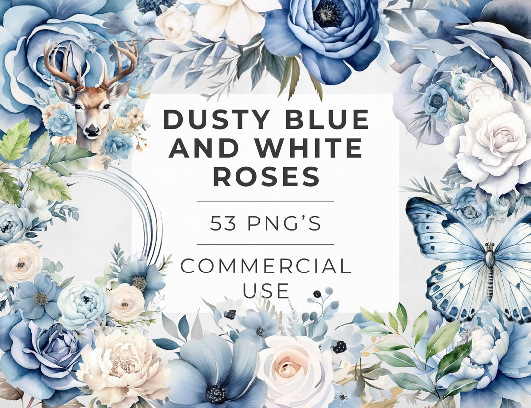 Dusty Blue Roses and Peonies, White Floral Clipart, Watercolor Flowers ...