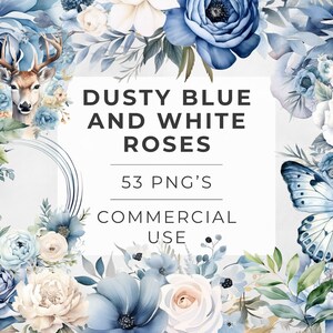 Dusty Blue Roses and Peonies, White Floral Clipart, Watercolor Flowers ...