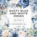 Dusty Blue Roses and Peonies, White Floral Clipart, Watercolor Flowers ...