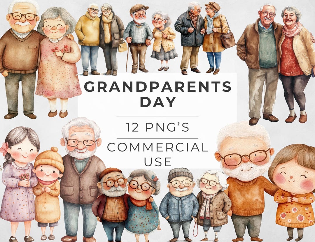Happy Grandparents Day Clipart, Watercolor Grandpa and Grandma, Elderly ...