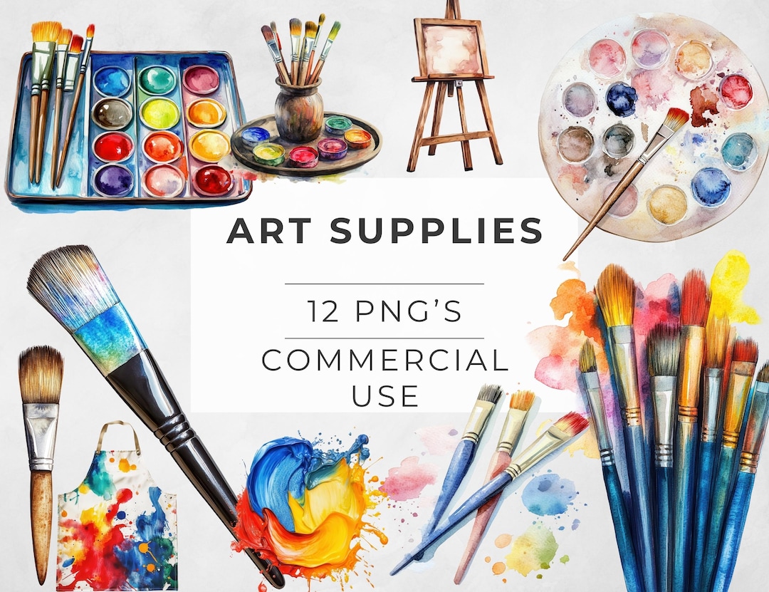Watercolor Art Supplies Clipart: Brushes, Palette, Easel (PNG) - Etsy