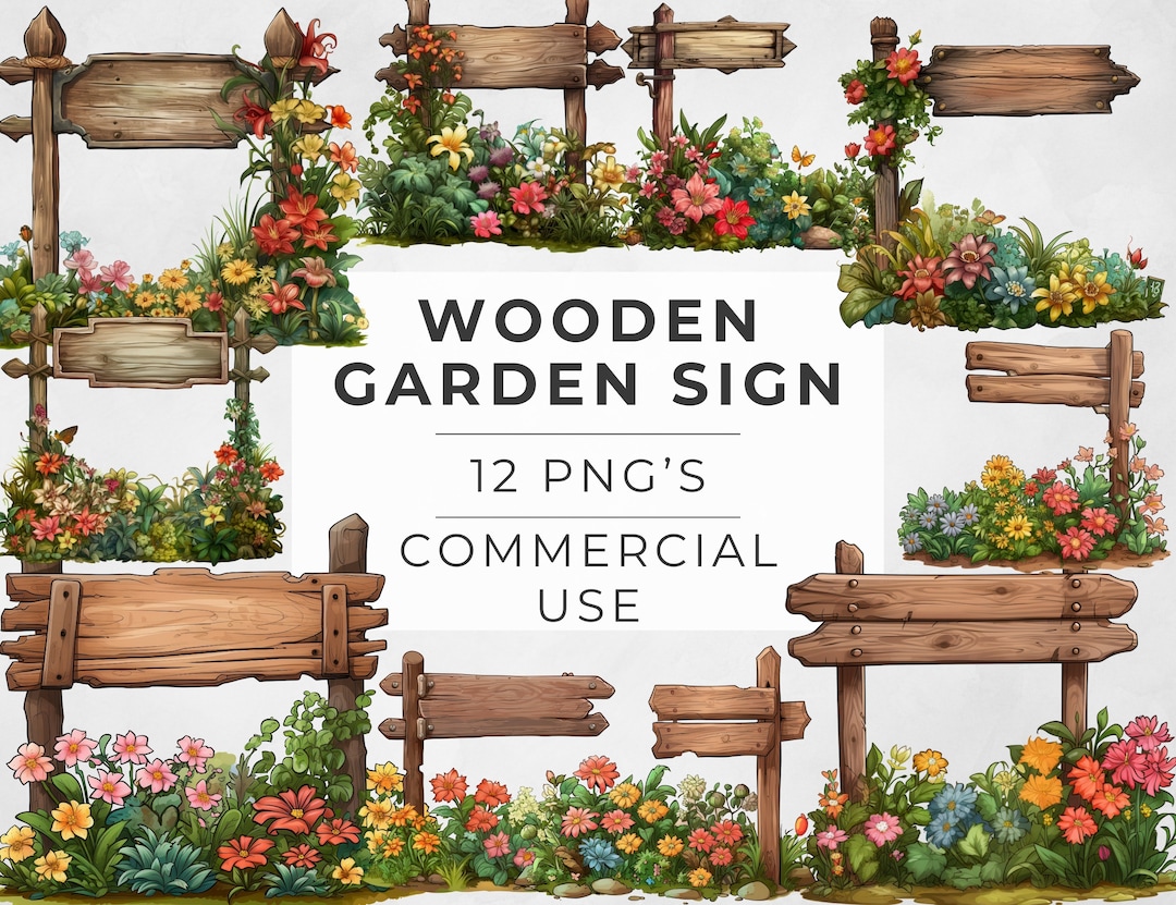Wooden Garden Sign Clipart, Floral Wood Sign, Rustic, Flowers ...