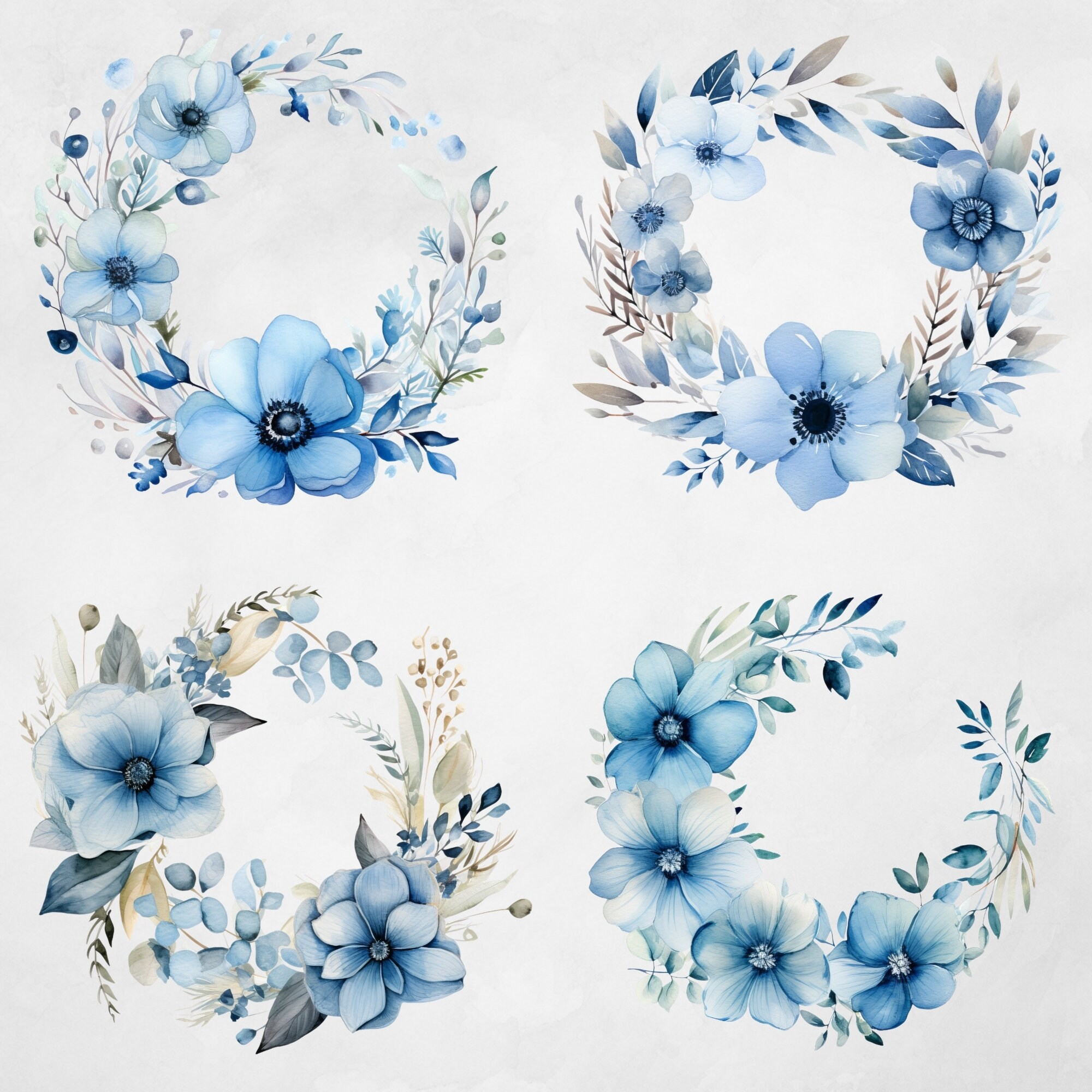 White and Blue Floral Clipart, Watercolor Flowers Pack, Wedding ...
