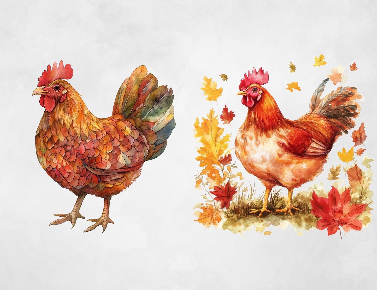Chicken in Autumn Clipart, Watercolor Fall Farm Animal, Pumpkin ...