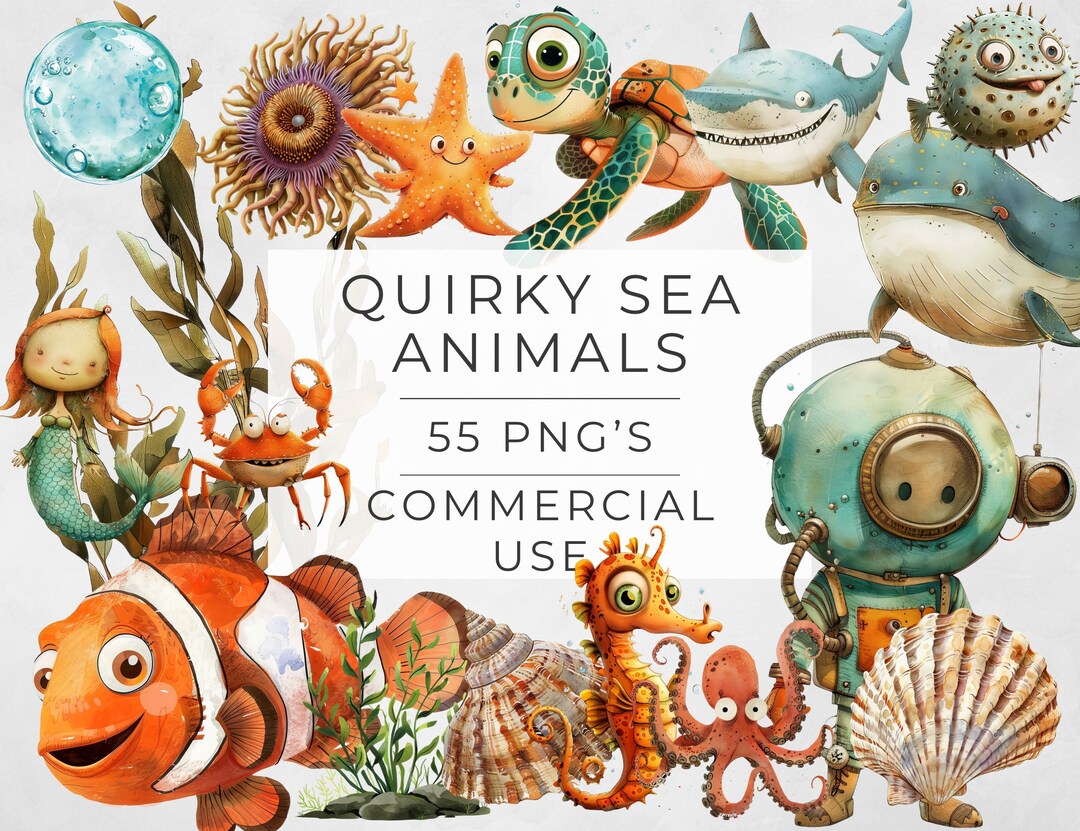 Watercolor Sea Animals Clipart: 55 PNG Images (commercial Use) - Etsy