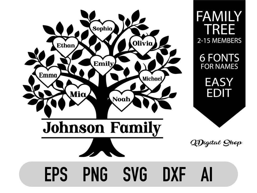 Family Tree Svg Bundle 2-15 Members Tree of Life Svg, Family Svg Heart ...