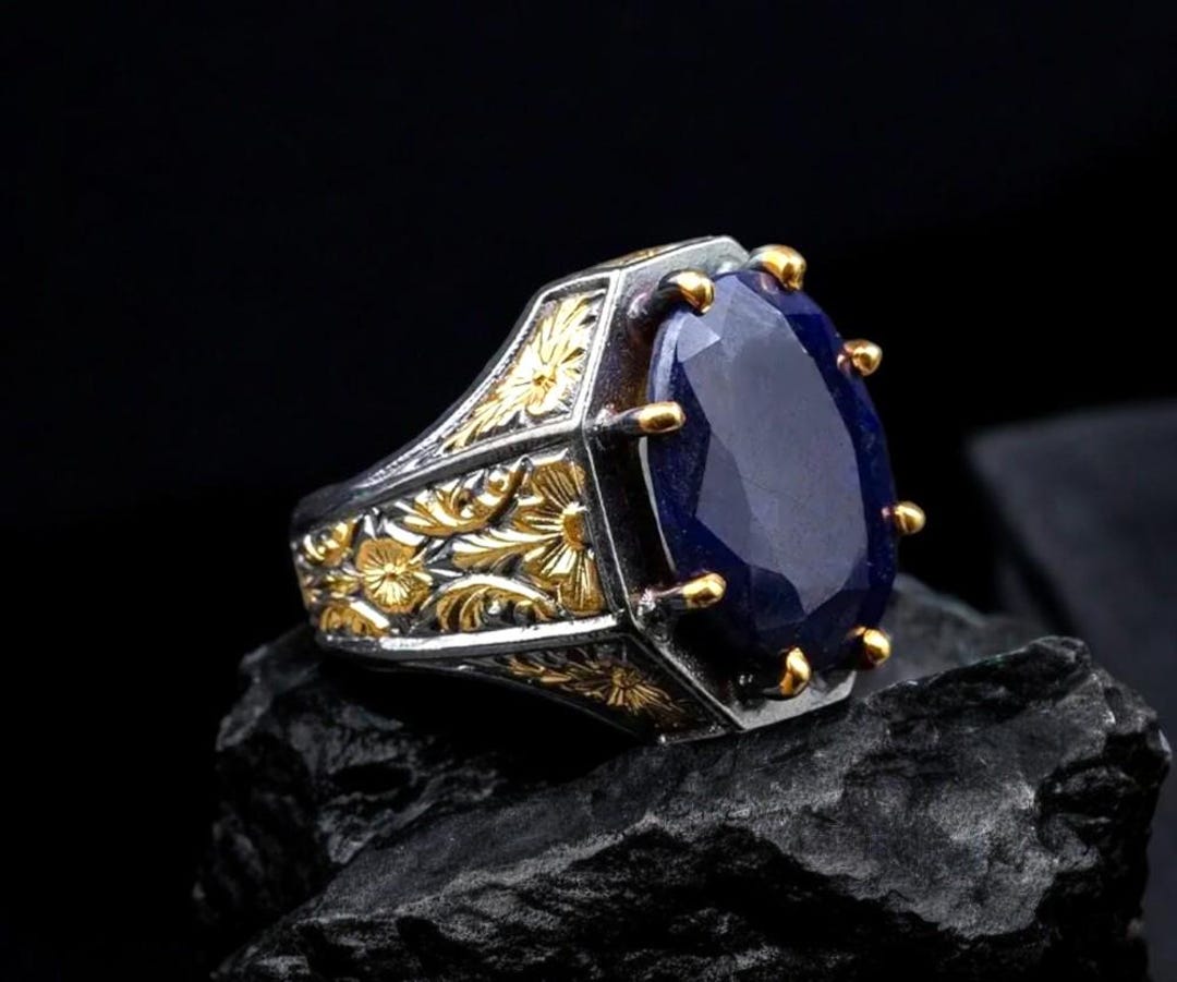 925 Silver Large Sapphire Stone Men Ring - Blue Sapphire Ring for Men ...