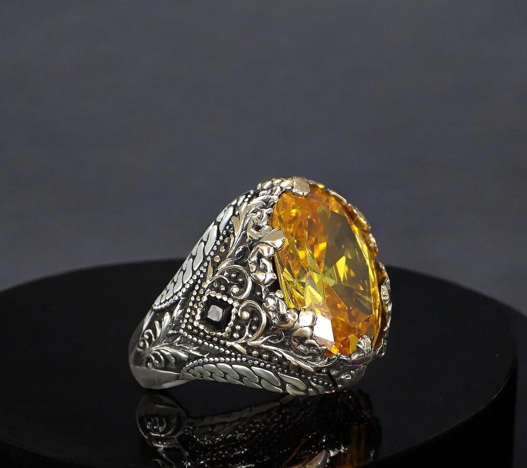 Mens Silver Large Citrine Stone Ring, Unique Vintage Citrine Ring ...