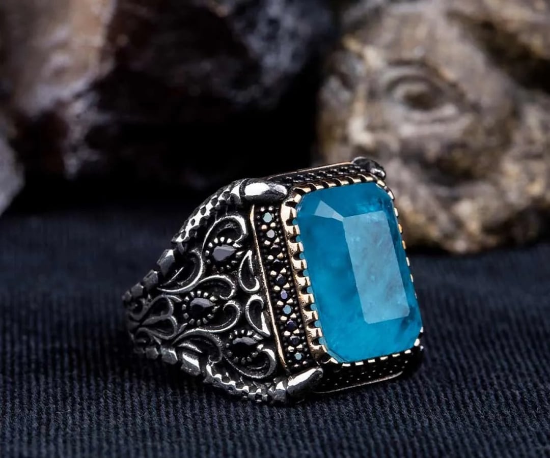 Silver Large Blue Quartz Gemstones Rings for Men, Engraved Blue Stone ...