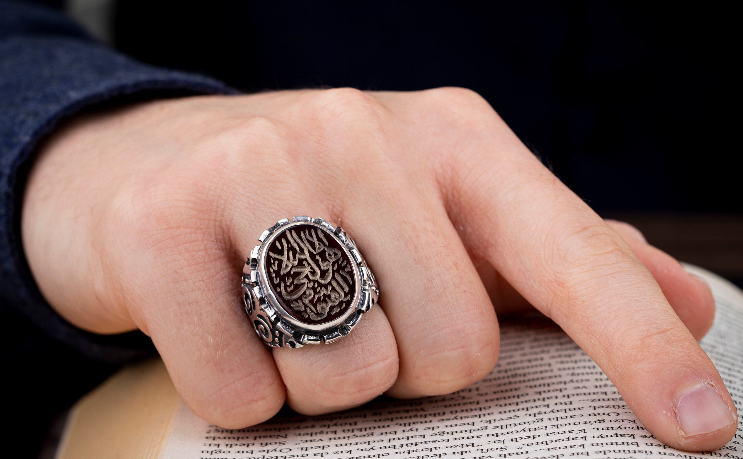 Allahu La Ilaha Illa Huwal Hayyul Qayyum Red Agate Silver Islamic Ring ...