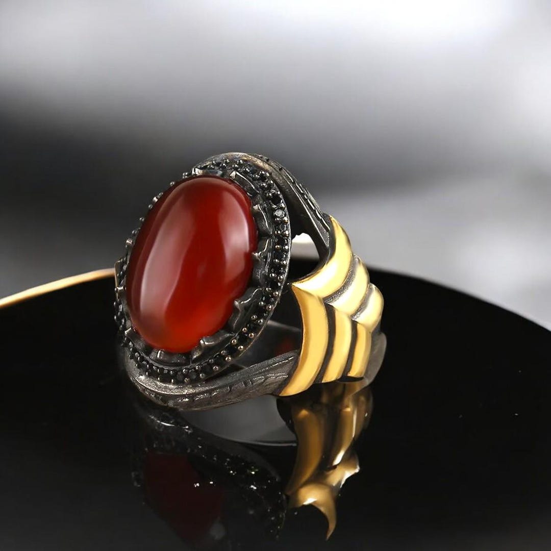 Handmade Silver Red Agate Ring for Men, Engraved Red Agate Gemstone ...