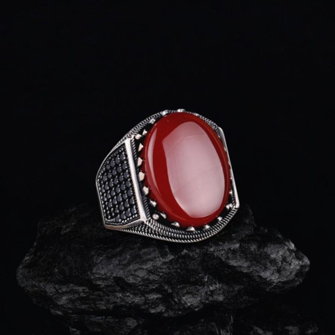 Agate Silver Ring Men, Big Oval Red Stone Agate Yemeni Ring for Men ...