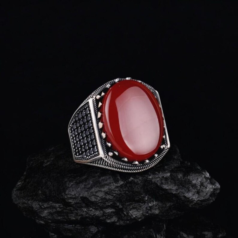 Agate Silver Ring Men, Big Oval Red Stone Agate Yemeni Ring for Men ...