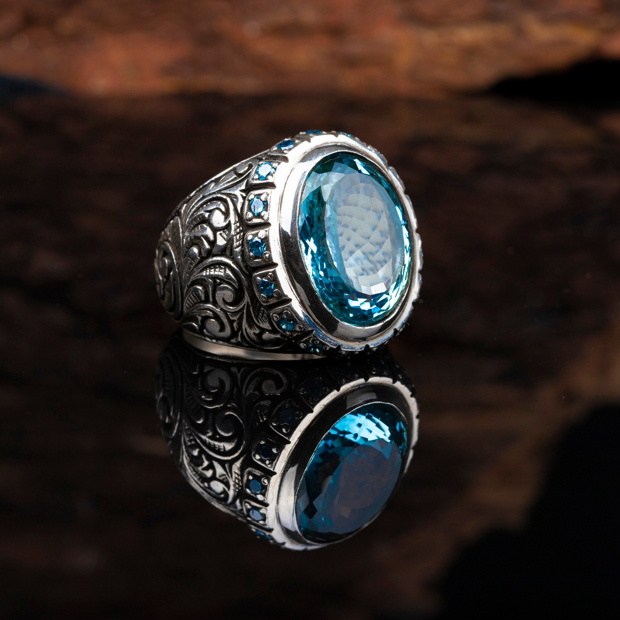 Unique Design Blue Topaz Stone Silver Ring,dad Gift,gift for Him ...