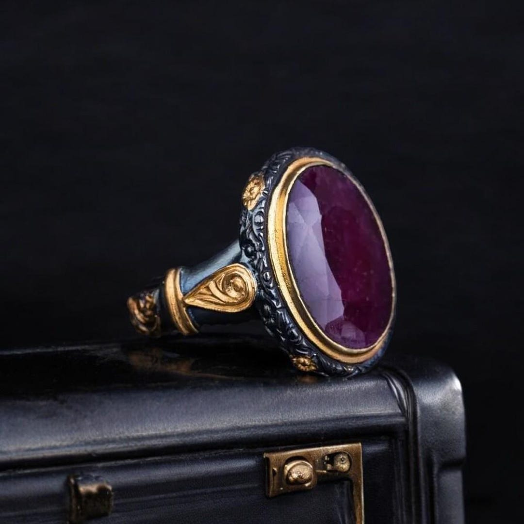 Engraved Ottoman Style Large Ruby Men Jewelry, Ruby Silver Ring, 925 ...