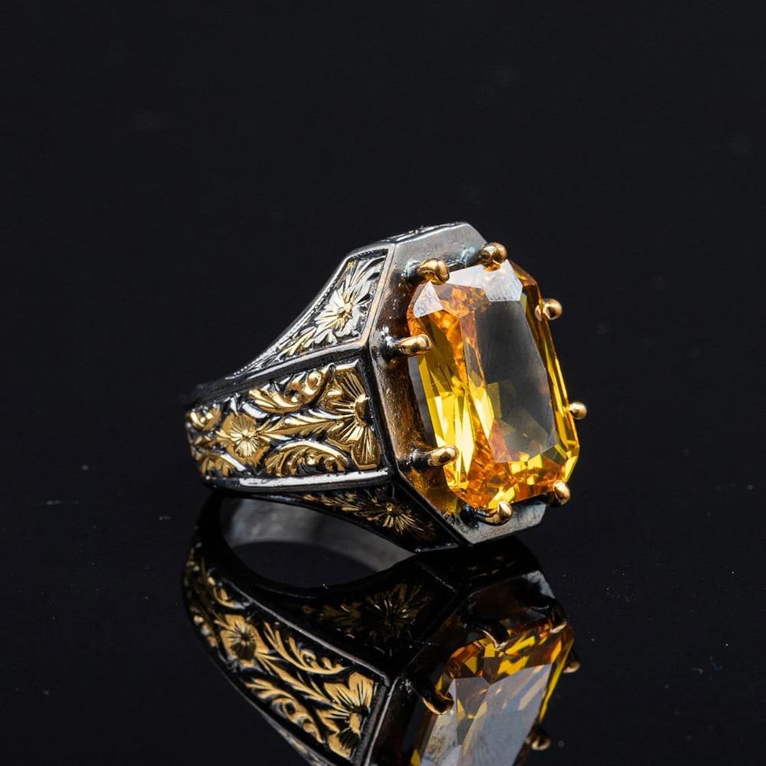 Large Citrine Stone Ring for Men, Handmade Engraved Ring for Men ...