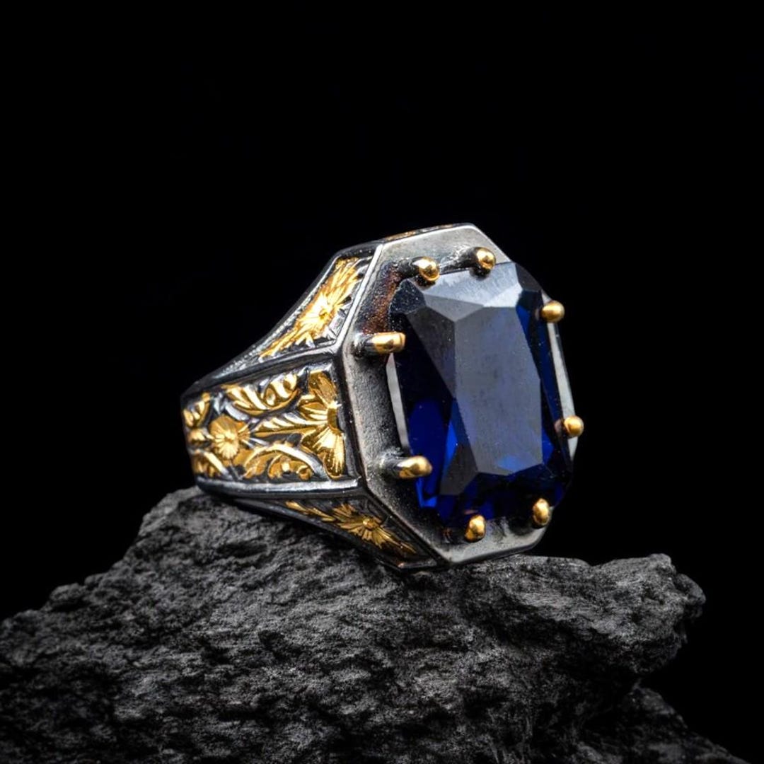 Unique Ottoman Sign Engraved Emerald Cut Zircon Ring Men, Blue Gemstone ...