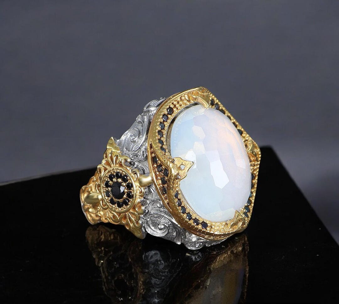 Handmade Silver Moonstone Men's Ring, Ottoman Engraved Style Mens ...