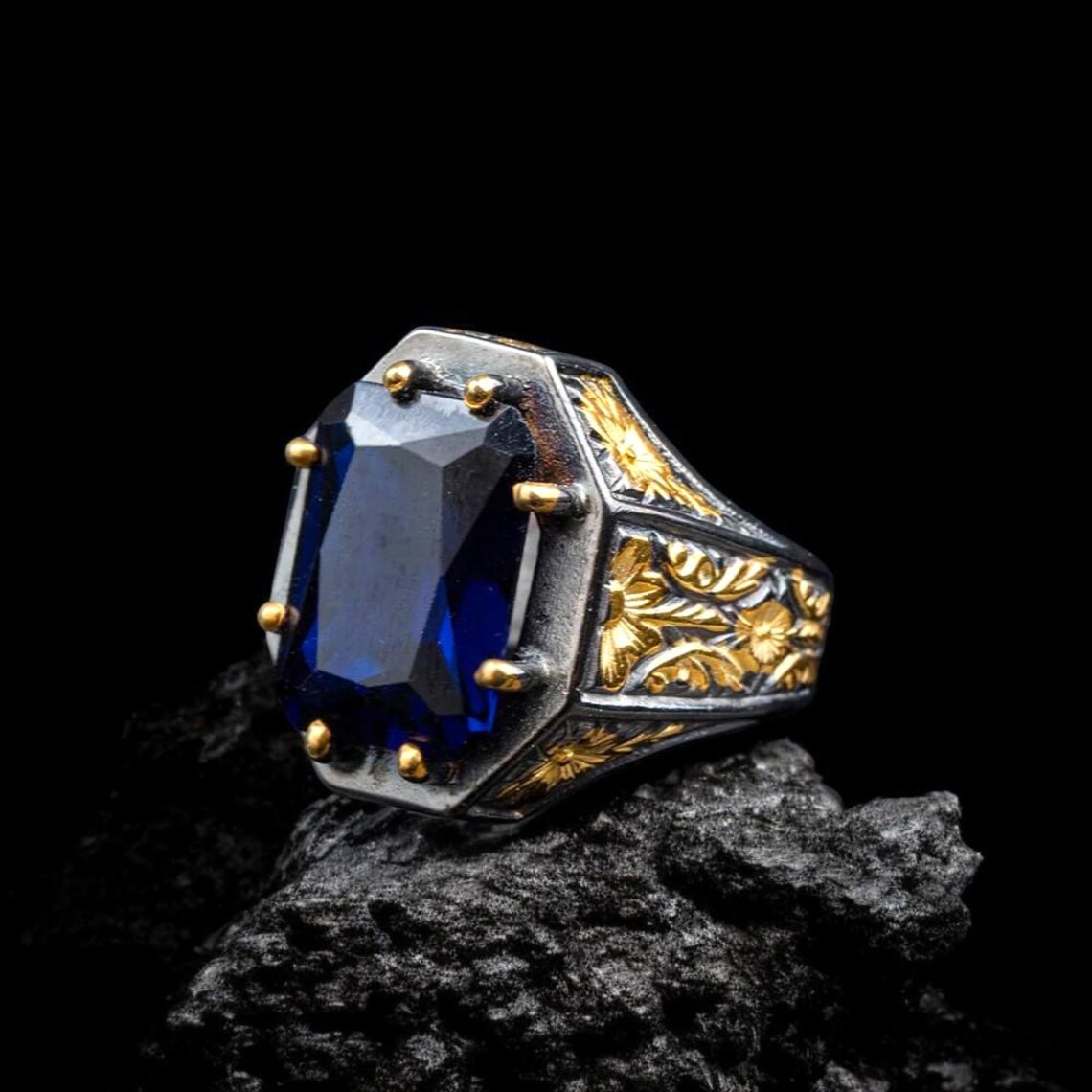 Unique Ottoman Sign Engraved Emerald Cut Zircon Ring Men, Blue Gemstone ...