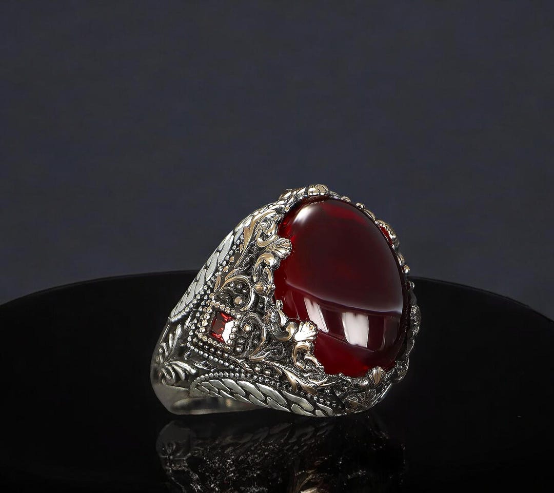 Ottoman Sign Red Agate Aqeeq Stone Rings for Men, Red Gemstone Men Ring ...