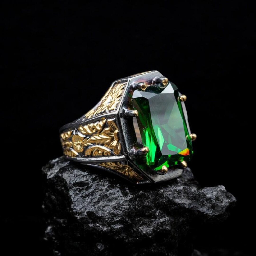 Handmade Ottoman Sign Statement Jewelry, Unique Engraved Green Zircon ...