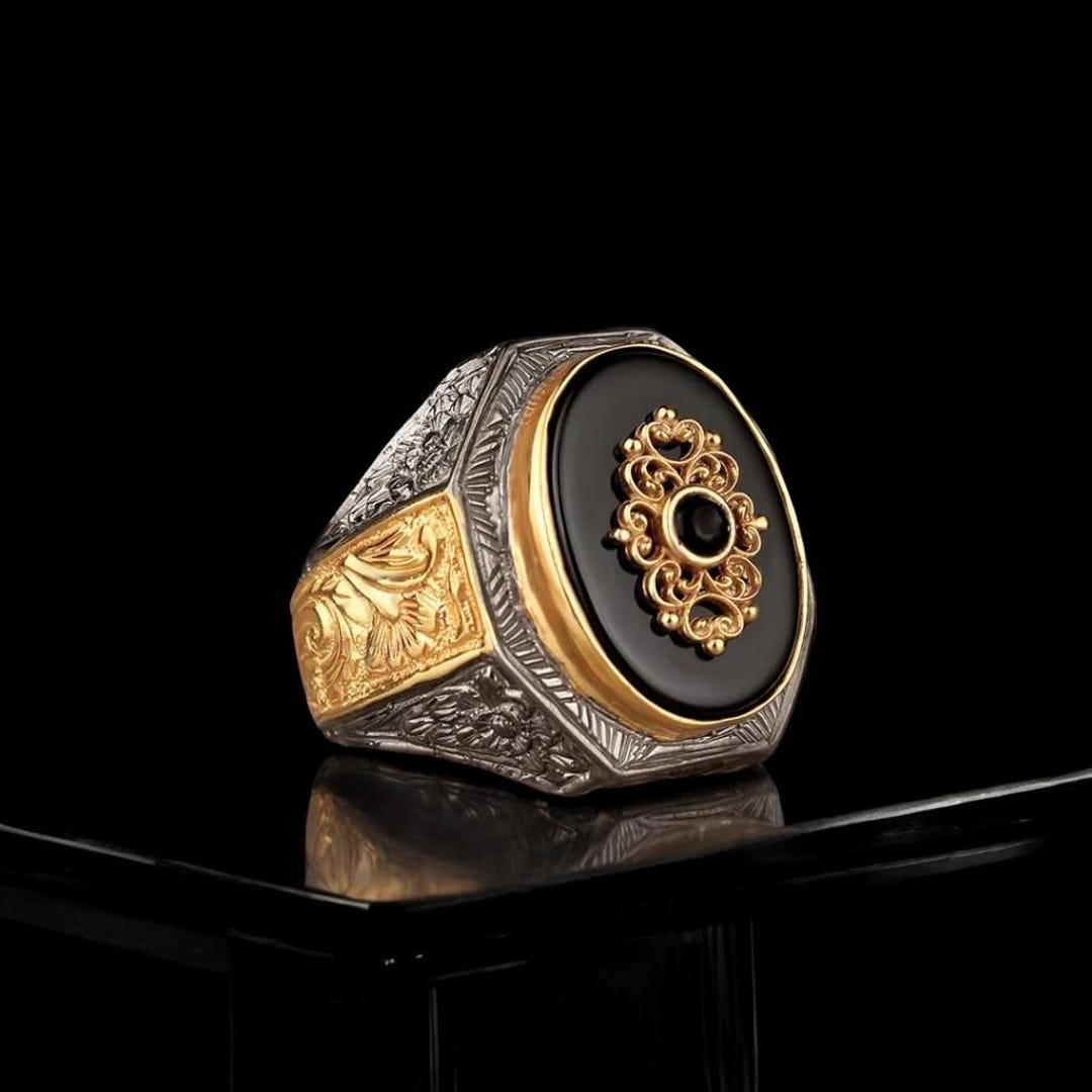 Silver Handmade Engraved Onyx Ring Men, Black Onyx Gemstone Men Ring ...