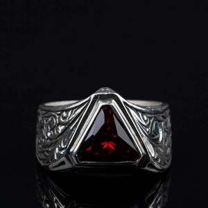 Minimalist Triangle Engraved Red Zircon Silver Rings for Men, Red Stone ...