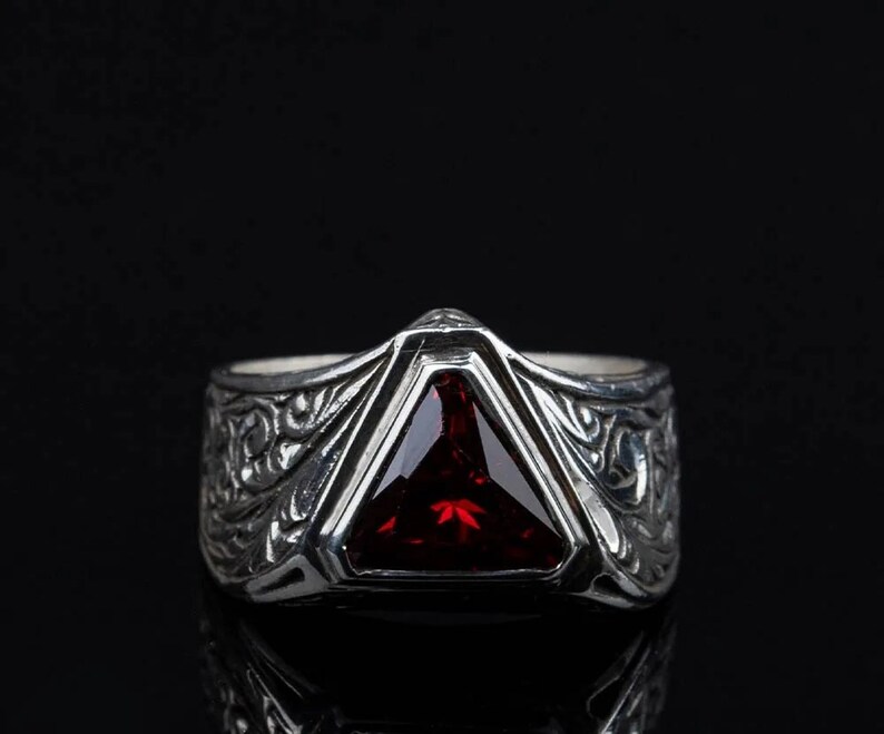 Minimalist Triangle Engraved Red Zircon Silver Rings for Men, Red Stone ...