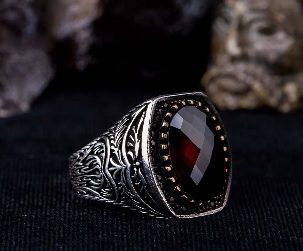 Medieval Gothic Men's Ring With Red Zircon, 925 Sterling Silver Vintage ...