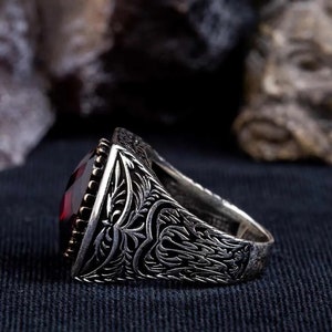 Medieval Gothic Men's Ring With Red Zircon, 925 Sterling Silver Vintage ...