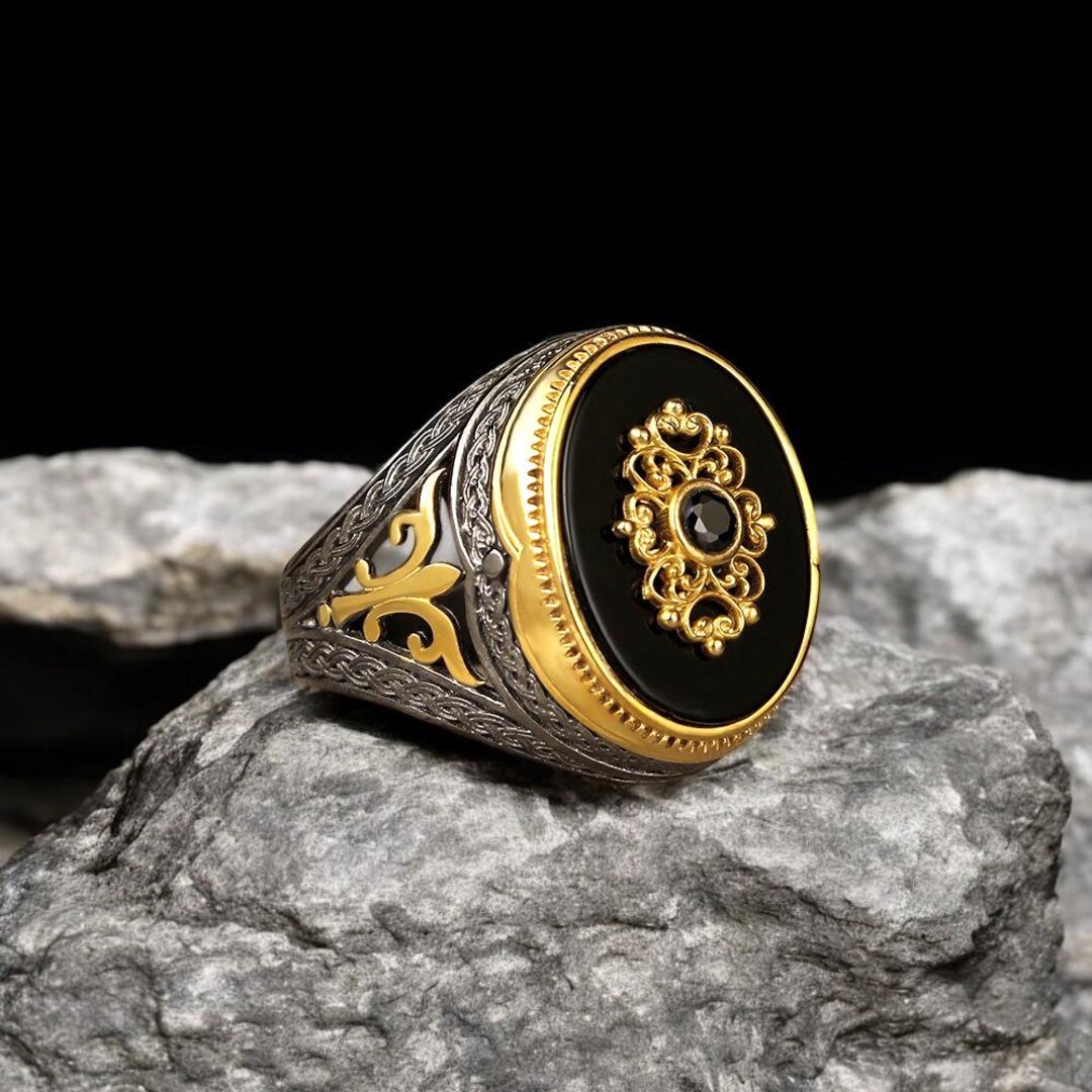 Large Black Onyx Stone Statement Ring for Men, Handmade Engraved Onyx ...