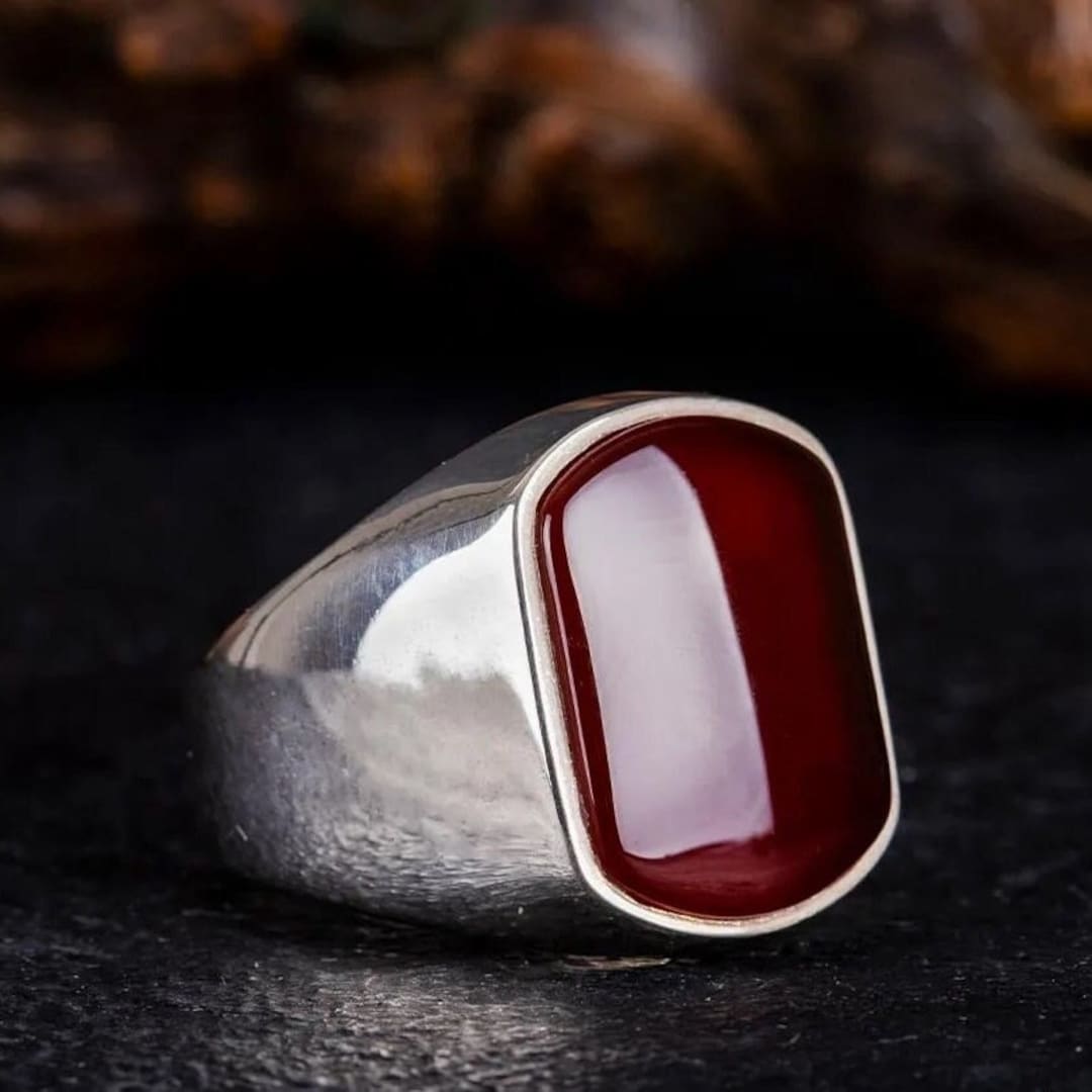 Mens Red Agate Silver Ring, Agate Gemstone Ring for Men, Red Gemstone ...