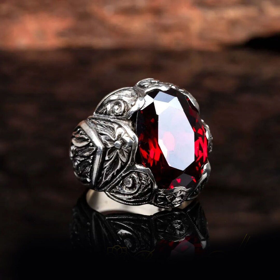 Traditional Ottoman Sign Engraved Red Garnet Sterling Silver Ring for ...