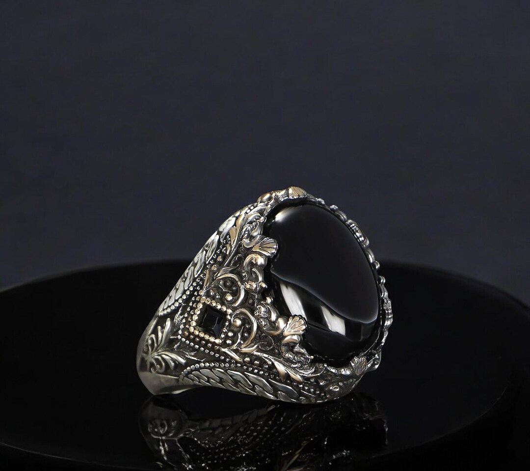 Oval Onyx Ring Men, Engraved Onyx Gemstone Ring for Men, 925 Sterling ...