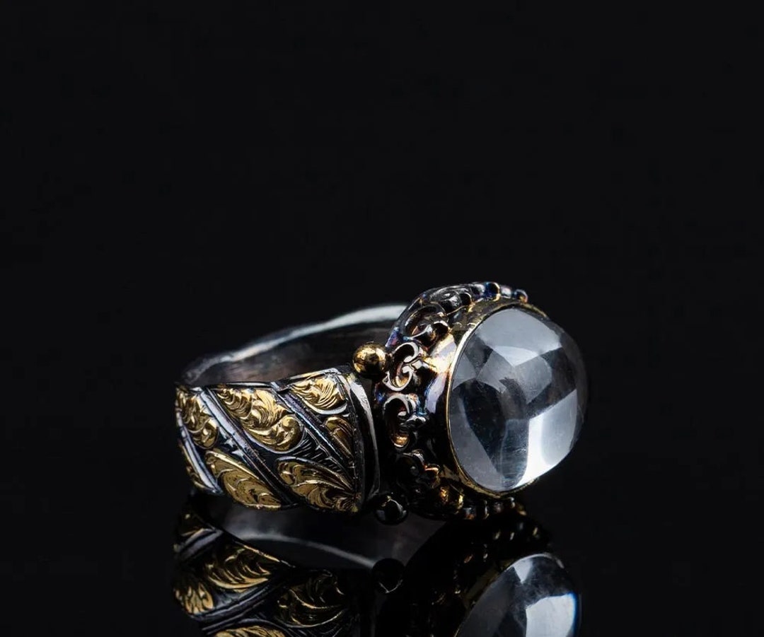 Silver Engraved White Stone Men Ring, Engraved Gemstone Jewelry, 925 ...