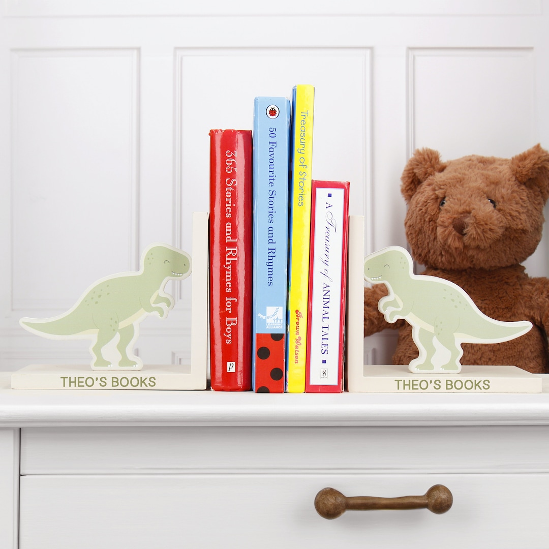 Personalised T-rex Bookends Dinosaur Gift – Child Bookend for Nursery ...