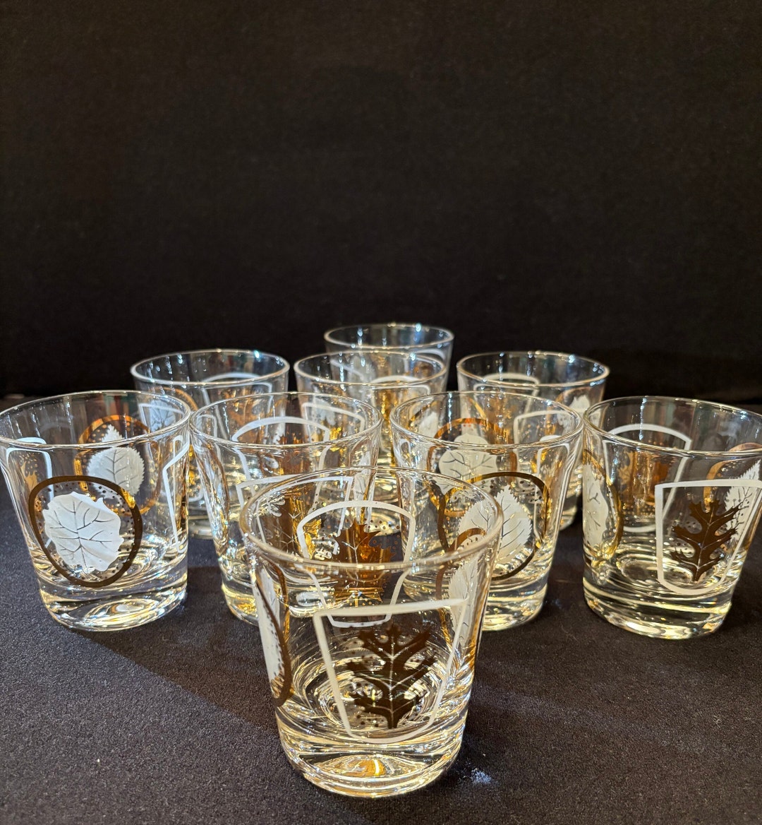 Glamourous Mid Century Charming Set of 9 Atomic Gold Foil Leaf Lowball ...