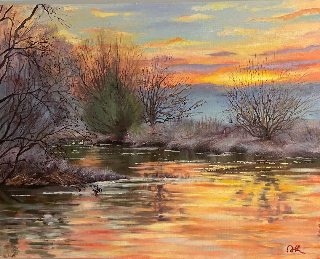 Sunset Over the Lake Oil Painting on Canvas 22x28 in Peaceful Landscape ...