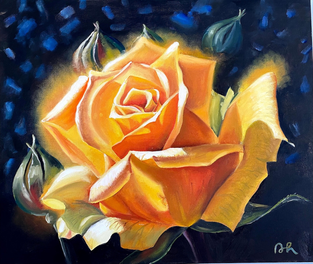 Golden Rose Oil Painting on Canvas Floral Wall Art Yellow - Etsy