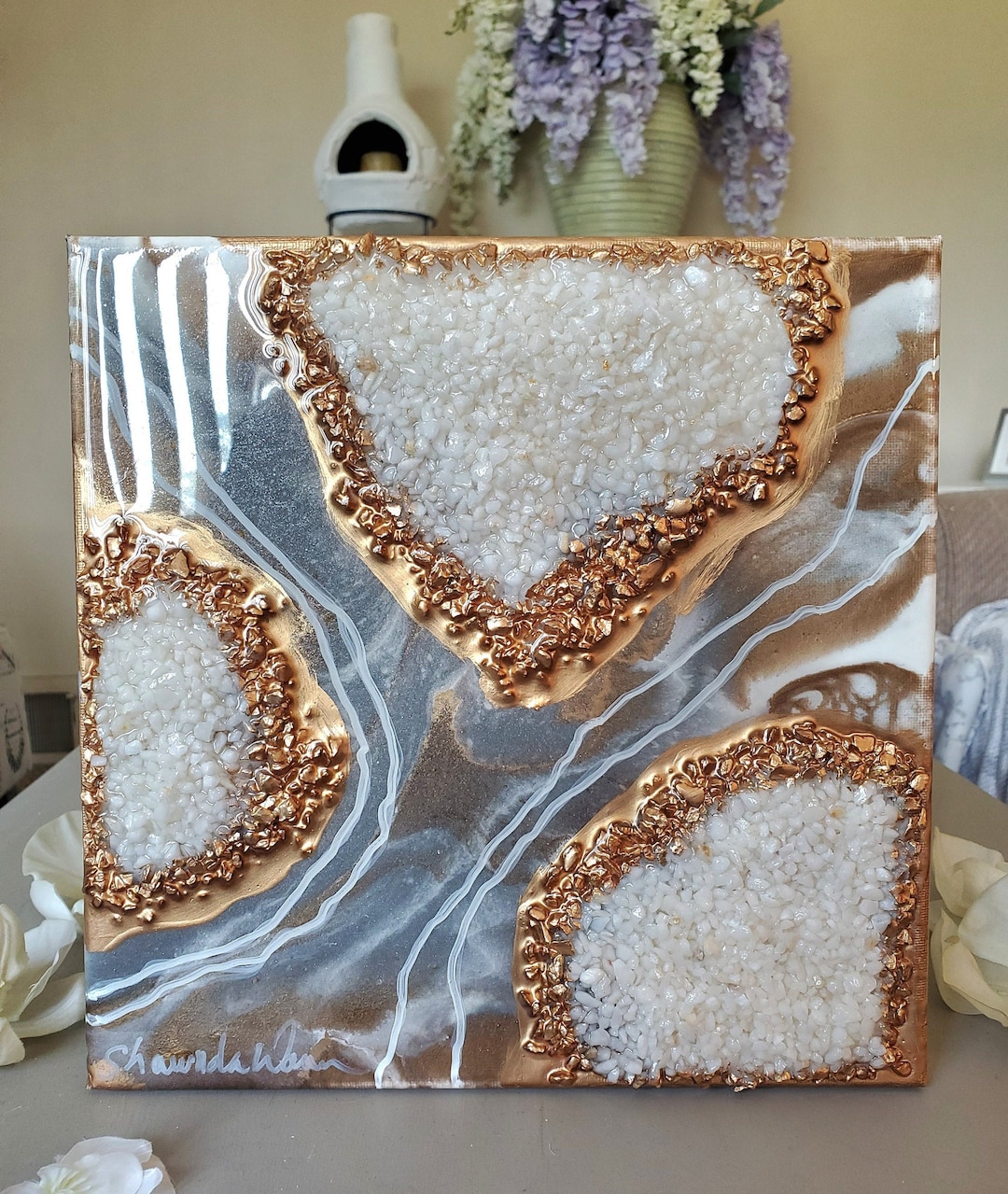 Geode Resin Art, Gold and Grey, Grey Geode, Gray Art, Resin Art, Geode ...