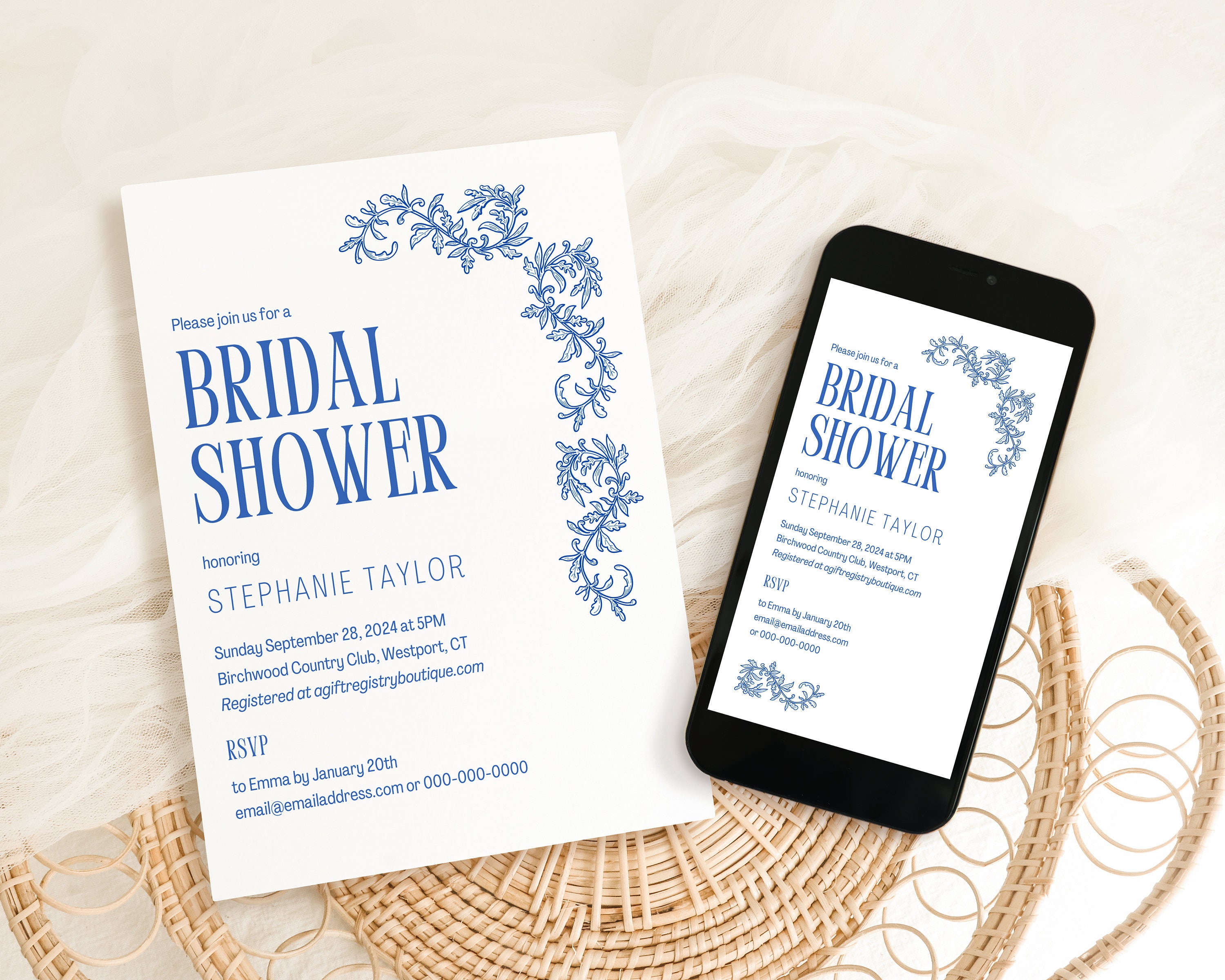 Blue Bridal Shower Invitation, Printable Bridal Shower, Text Invitation ...
