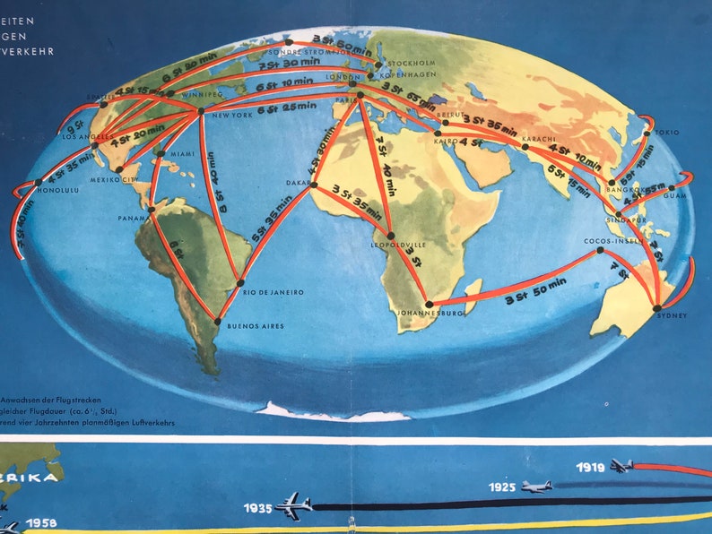 From 1962 Colorful Pictorial Map Shows Us Flight Times in - Etsy
