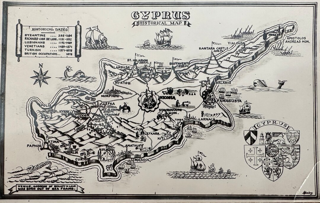 Cyprus Historical Map postcard From 1950s. - Etsy