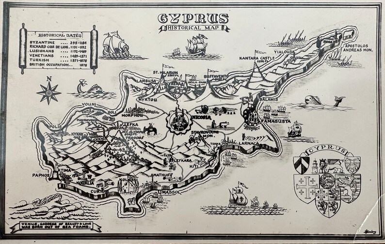 Cyprus Historical Map postcard From 1950s. - Etsy